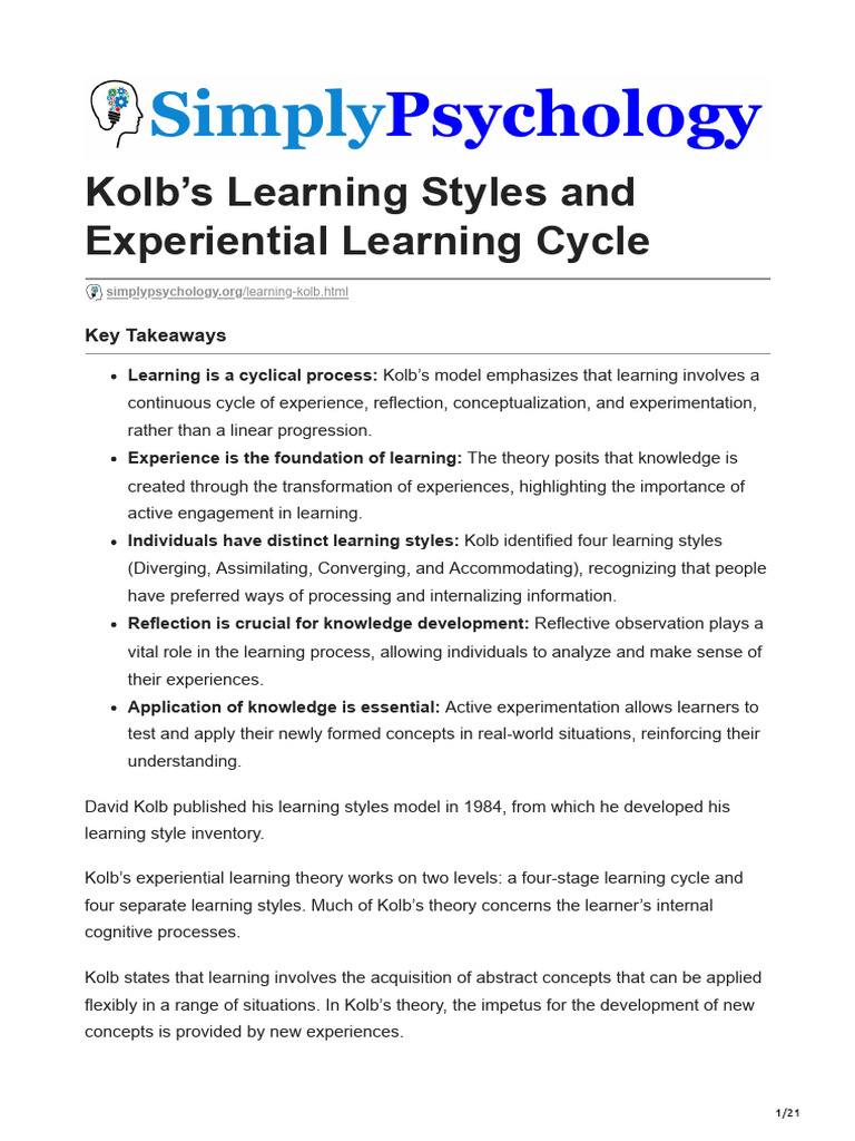 Kolbs Learning Styles and Experiential Learning Cycle | PDF | Learning ...