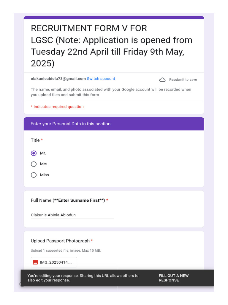 RECRUITMENT FORM V FOR LGSC (Note - Application Is Opened From Tuesday ...
