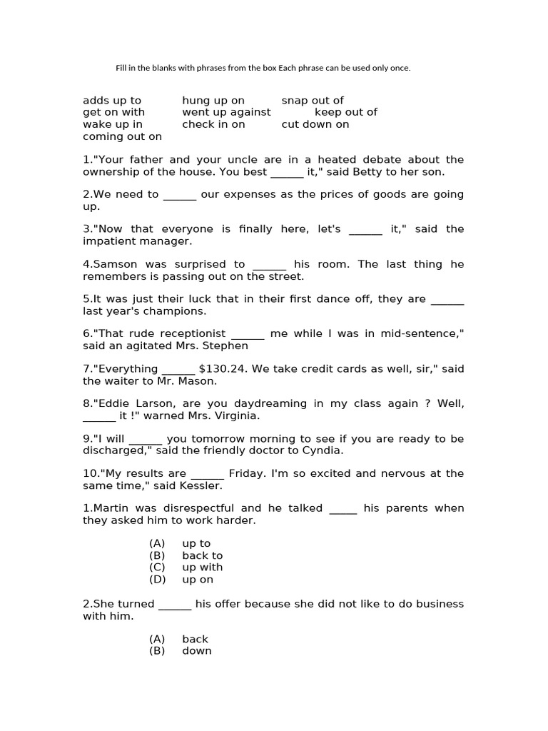 Fill in the Blanks Exercise for Class 6 | PDF