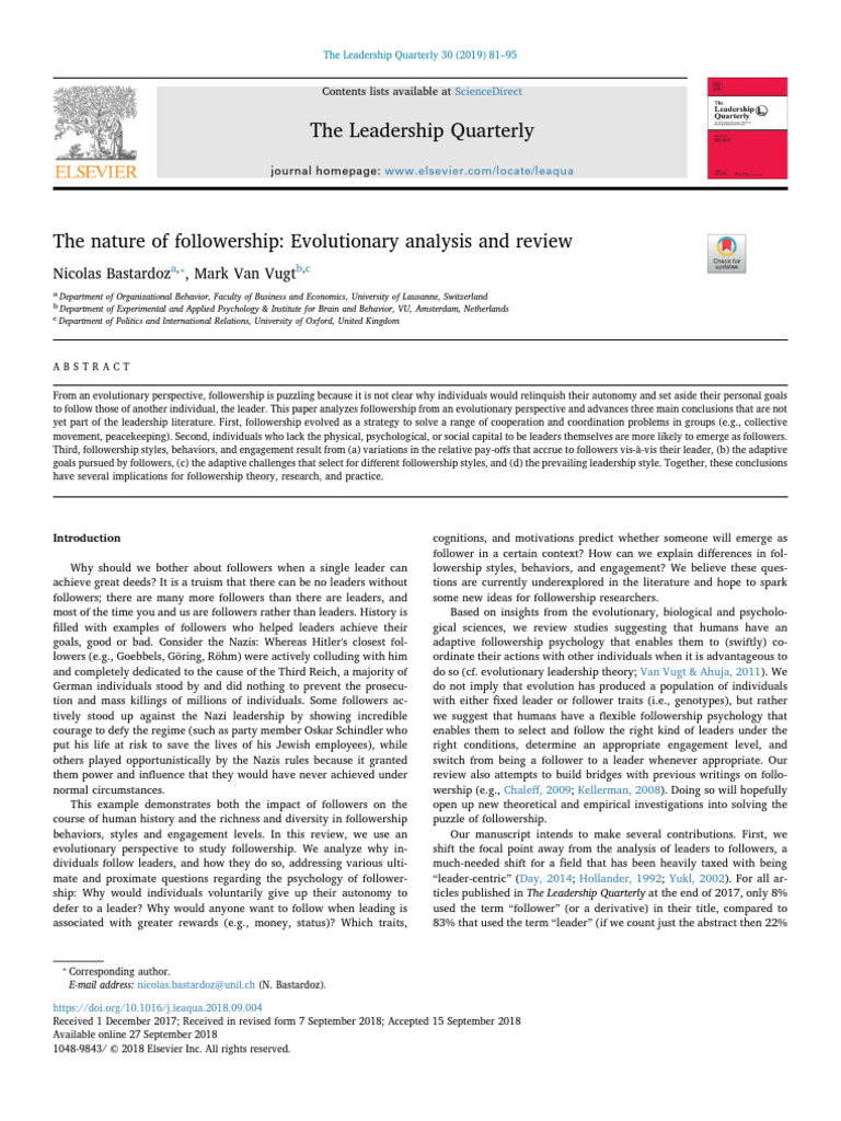 The Nature of Followership: Evolutionary Analysis and Review | PDF ...