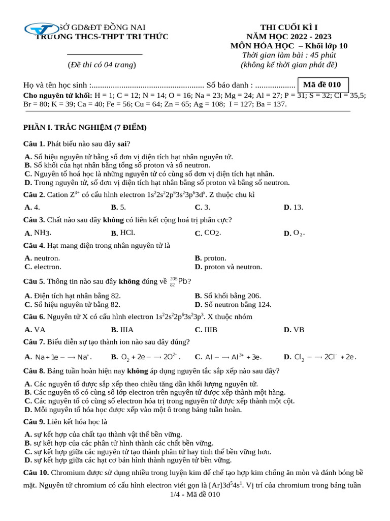 22-23, Hóa 10-HKI-THPT TRI TH C-Đ NG NAI-ngoxuantri1992@Gmail - Com - Tri Ngo | PDF