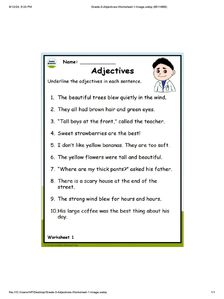 Grade 3 Adjectives Worksheet 1 Image | PDF