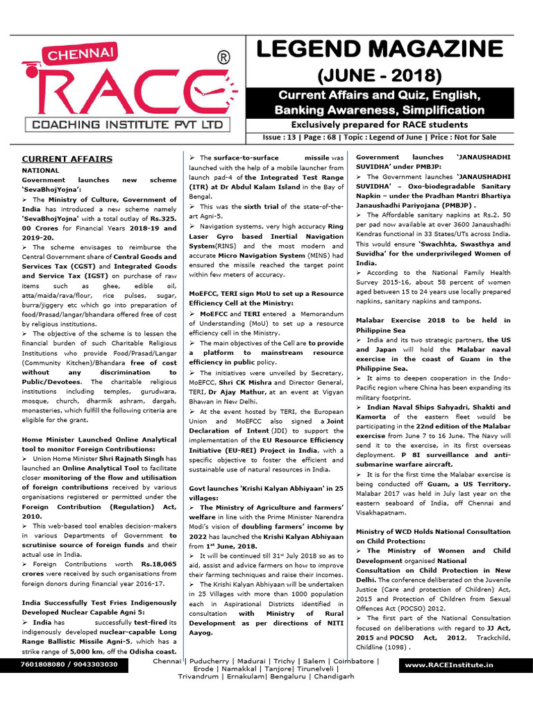 Current Affairs Magazine June 2018 | PDF