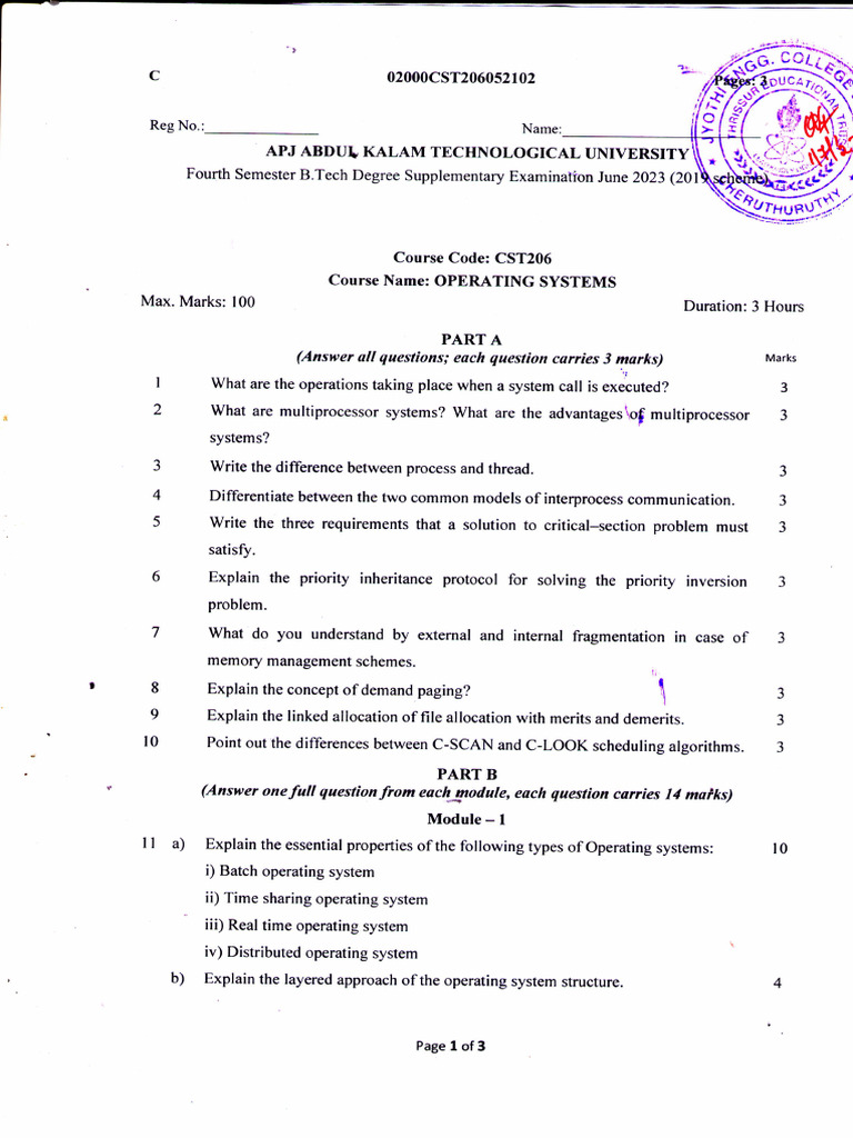 CST206 OPERATING SYSTEMS, JUNE 2023 | PDF | Operating System | Computer Data