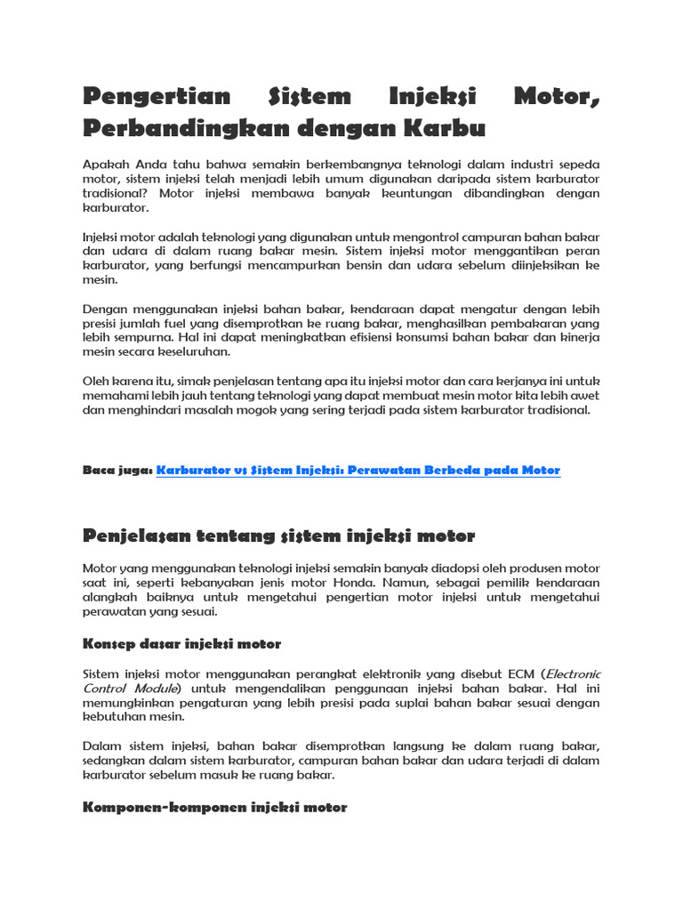 Keunggulan dan Pengertian Injeksi Motor | PDF