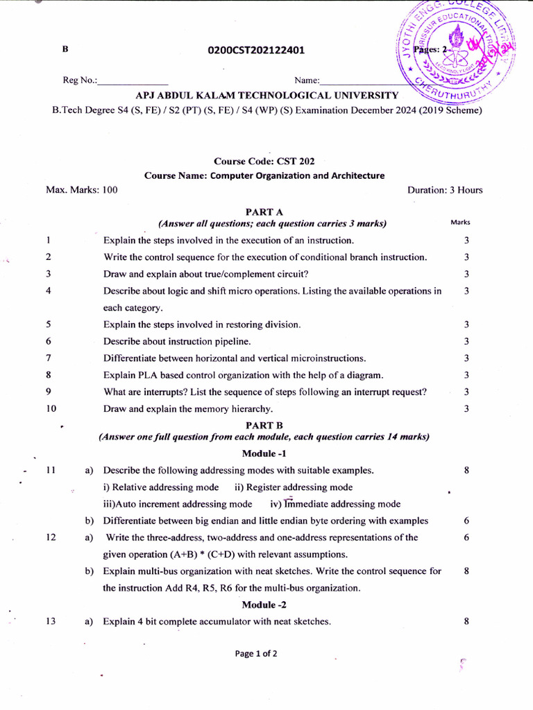 CST202 Computer Organization and Architecture, December 2024 | PDF | Central Processing Unit ...