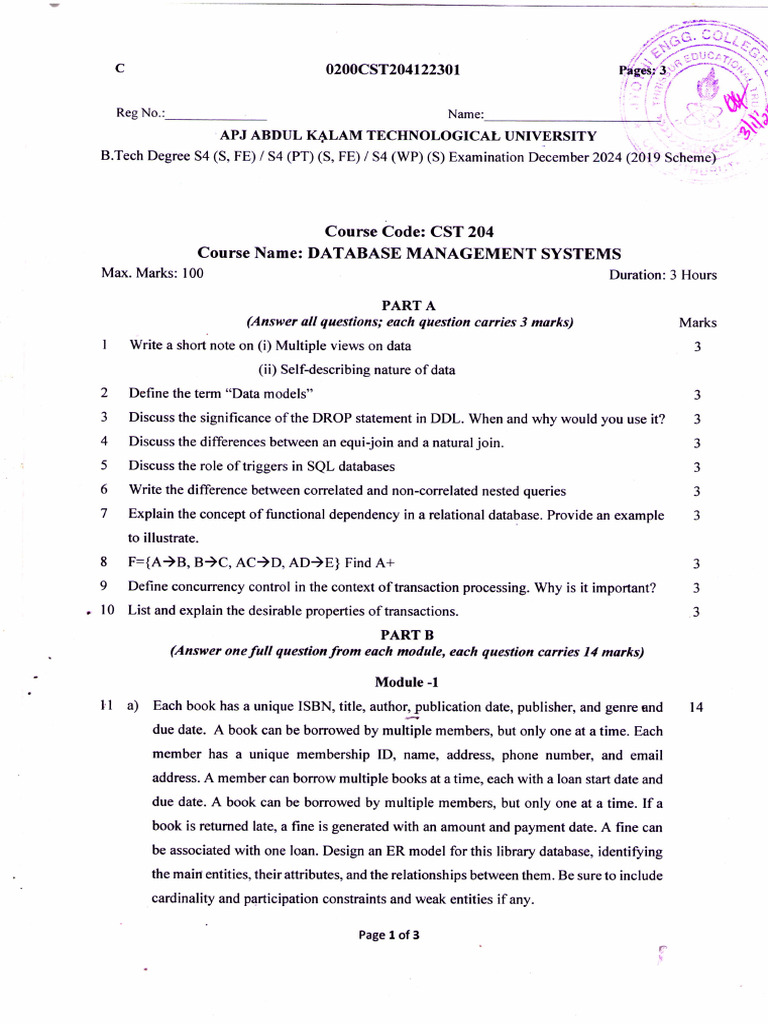 Cst204 Database Management Systems, December 2024 | PDF | Relational Model | Software Design