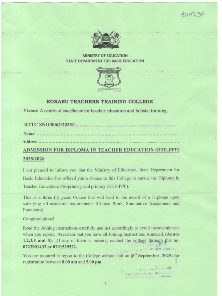 Faith TTC Admission Letter | PDF