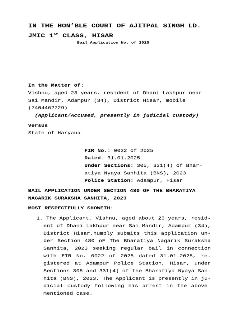 Vishnu Regular Bail Application | PDF | Bail | Criminal Justice