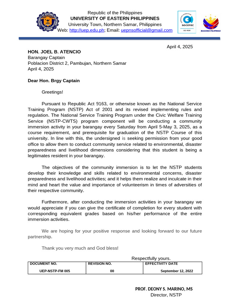 Letter For NSTP Immersion | PDF