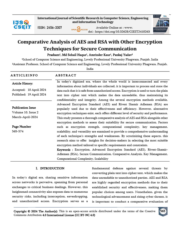 Comparative Analysis of AES and RSA With Other Enc | PDF | Encryption | Key (Cryptography)
