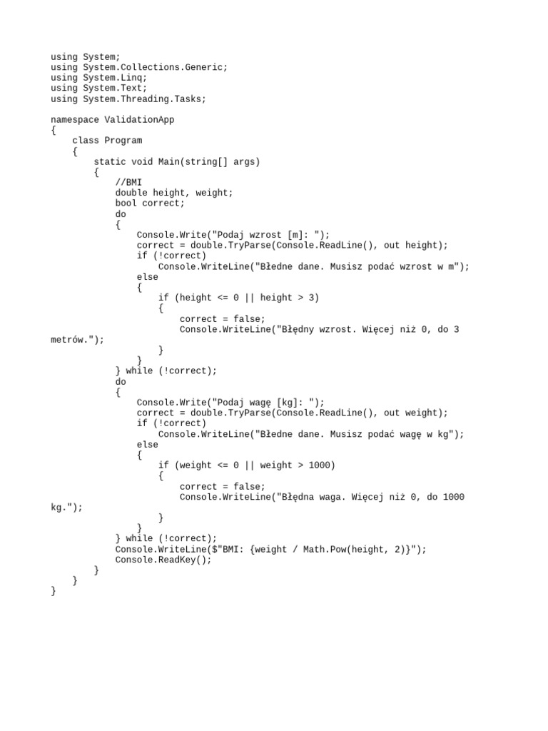 BMI Calculation Example in C# | PDF