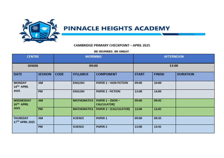 Cambridge Primary Checkpoint Exam Timetable | PDF