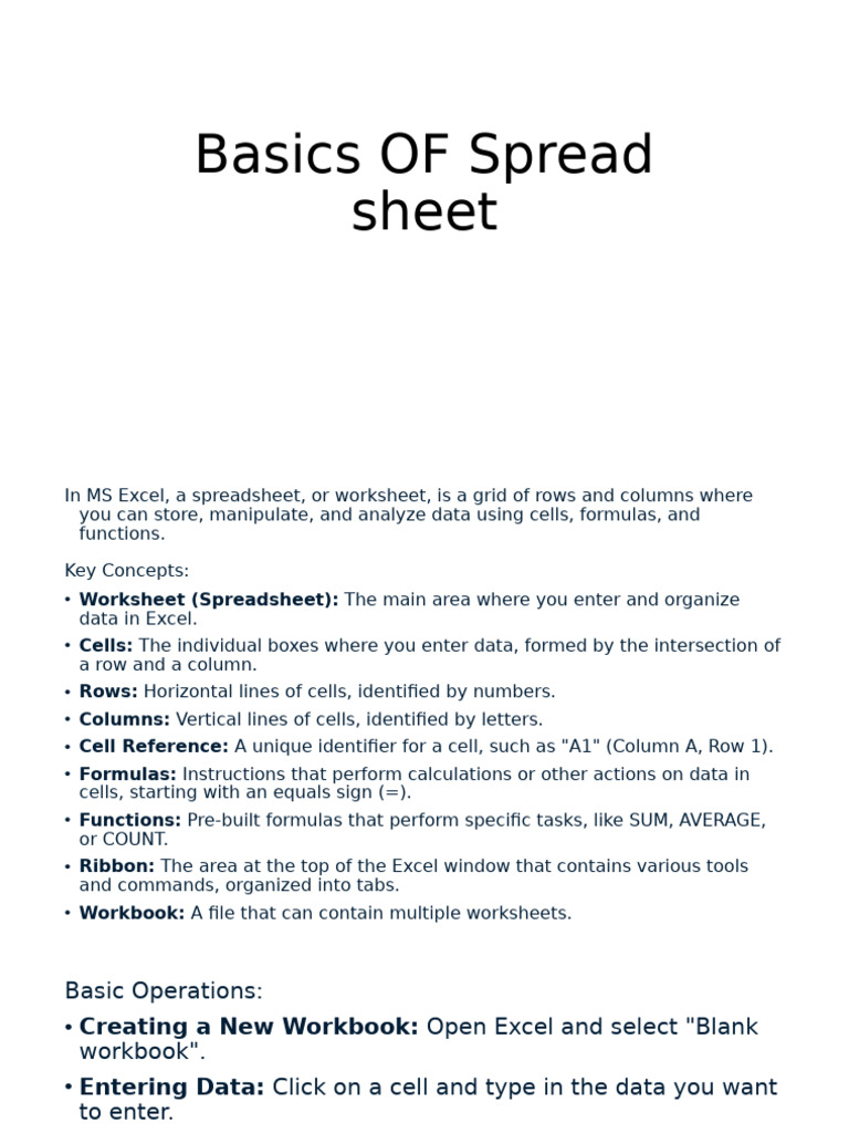 Basics OF Spread sheet | PDF | Spreadsheet | Microsoft Excel