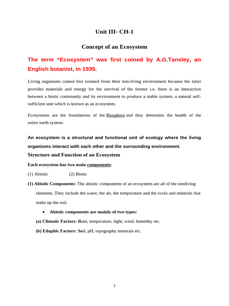 ENV-unit-III, CH.1. Ecosystems-Concept, Structure and Function. | PDF | Food Web | Ecosystem