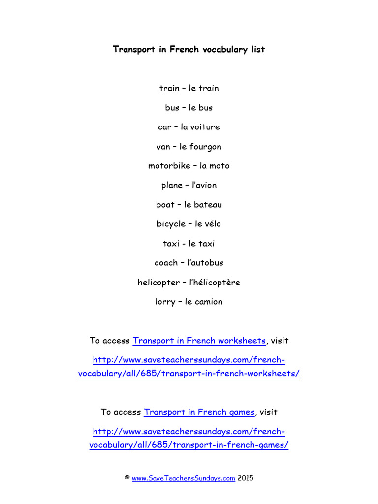 French Transportation Vocabulary List | PDF