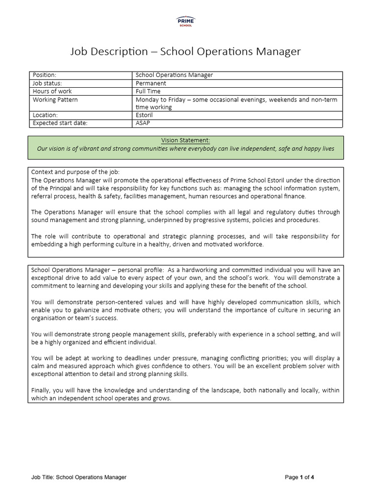 School Operations Manager JD | PDF | Occupational Safety And Health ...