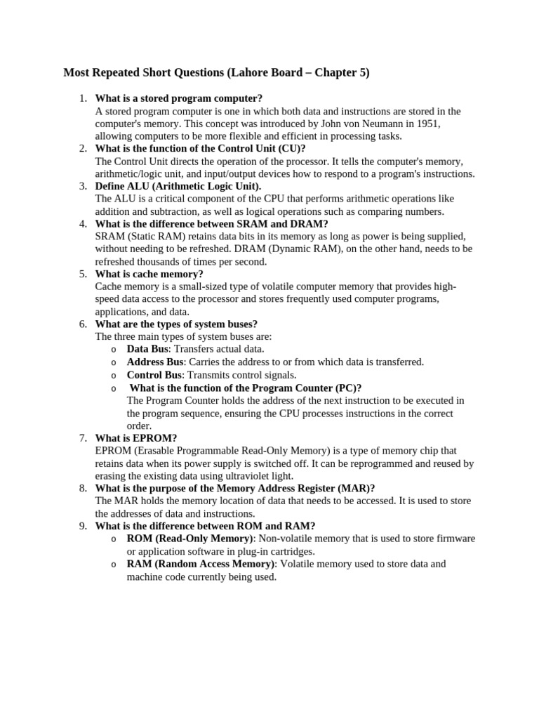 Most Repeated Short Questions | PDF | Random Access Memory | Computer ...