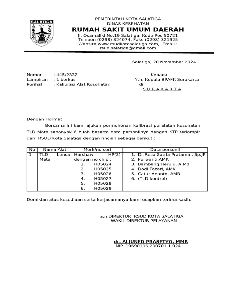 Surat Ke BPAFK Permohonan Kalibrasi TLD Mata 2024 | PDF