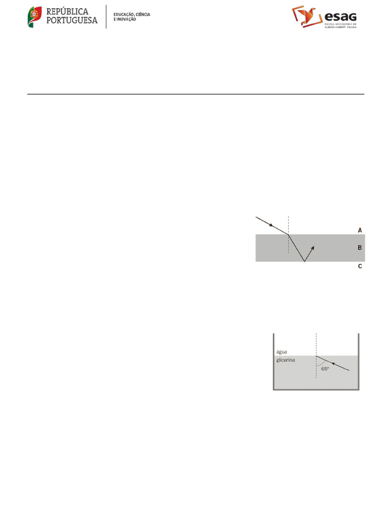 Ficha3-Reflexão Total Da Luz | PDF | Refração | Reflexão (Física)