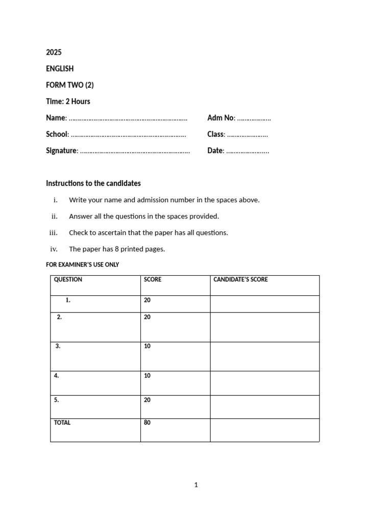 Form 2 April Holiday Assignment | PDF