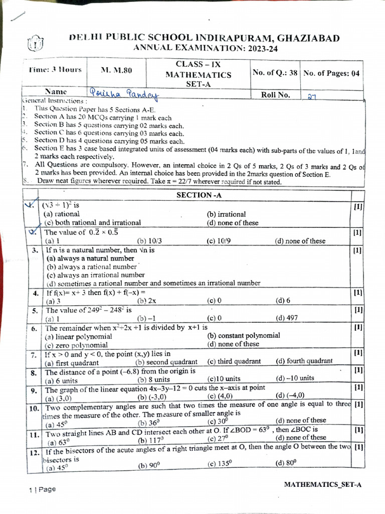 DPS FINAL MATHS PAPER 2023 (1) (Practice) | PDF | Rational Number | Abstract Algebra