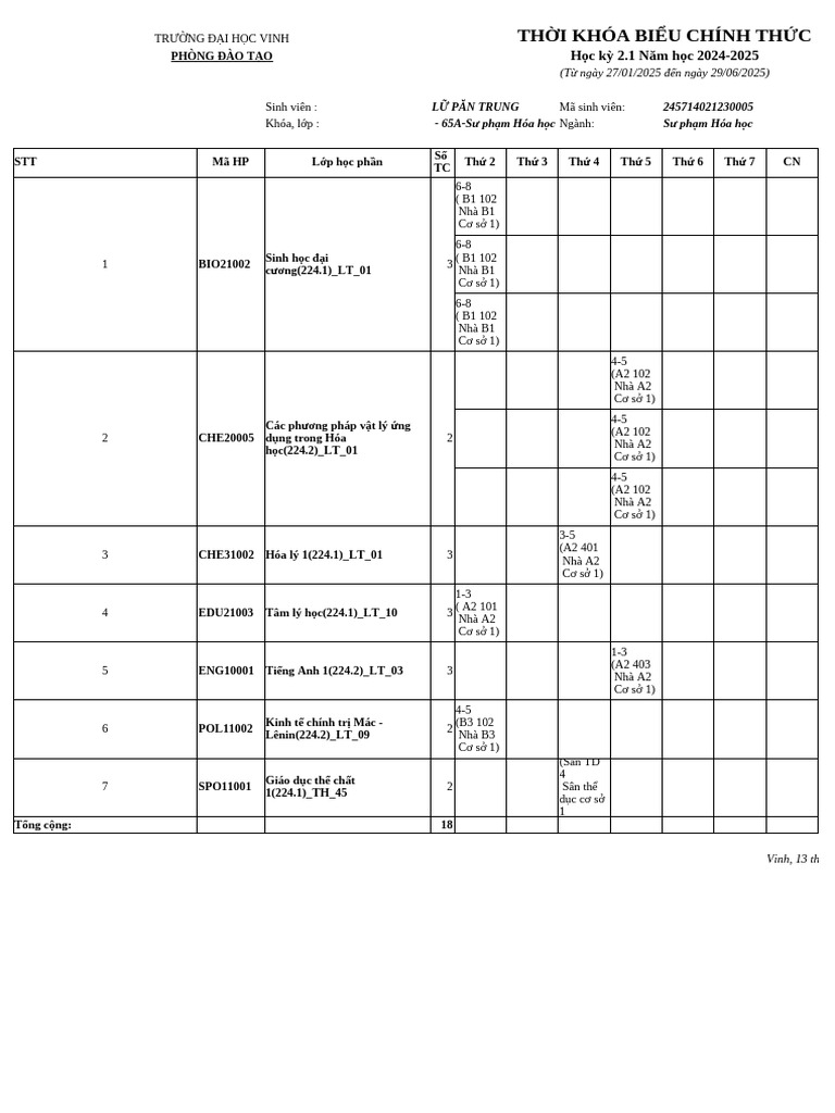 Export TKB SV Mau 1 | PDF