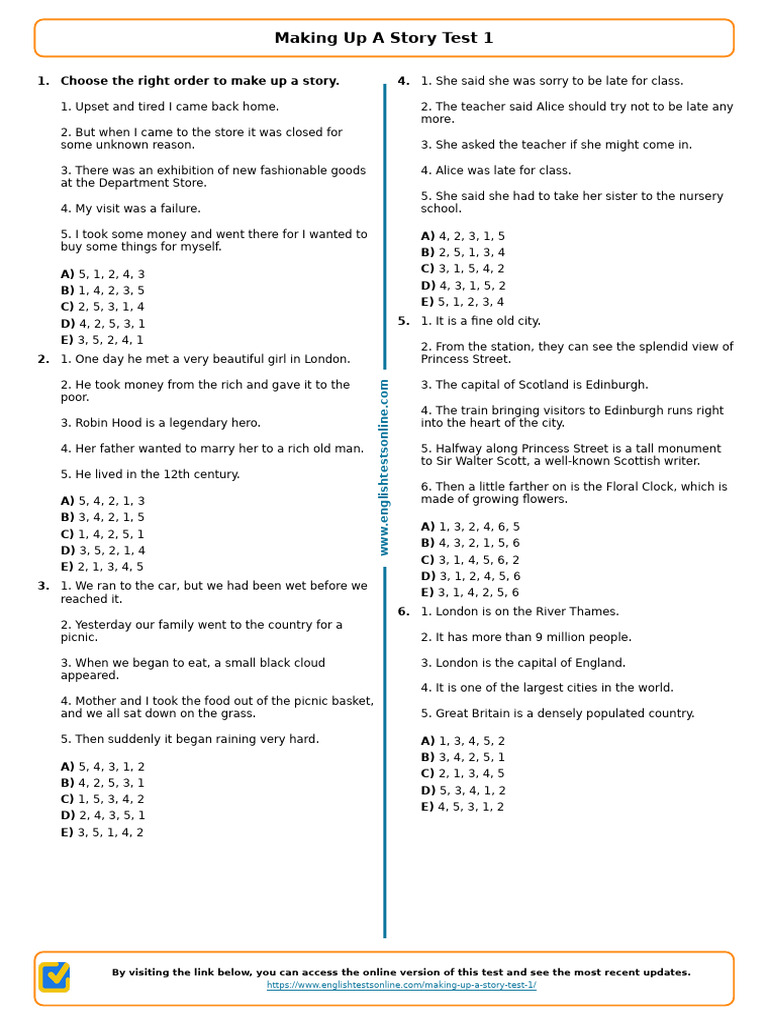 Story Sequencing Test Questions | PDF | Meal