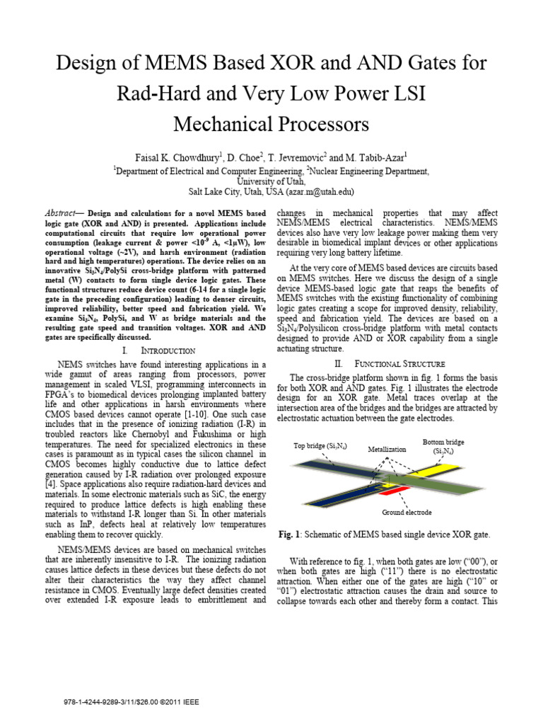 Design of MEMS Based XOR and and Gates For Rad-Hard and Very Low Power ...