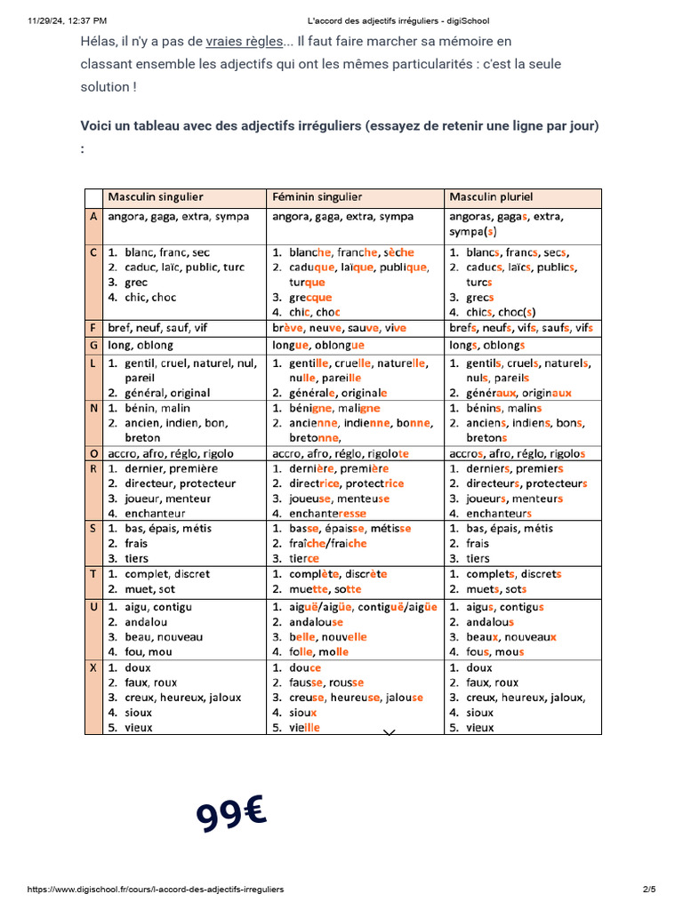 Accord des adjectifs irréguliers | PDF