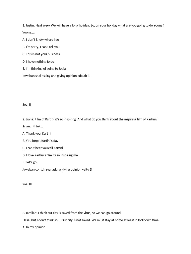 Exercises on Asking and Giving Opinion | PDF