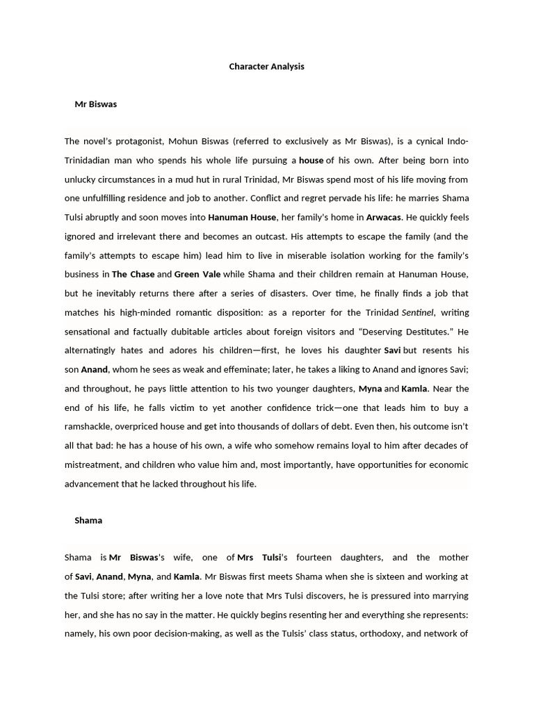 Character Analysis in "A House for Mr Biswas" | PDF | European Novels ...
