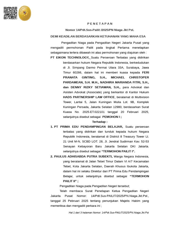 Putusan Perdata Khusus Pailit Pengadilan Negeri Jakarta | PDF