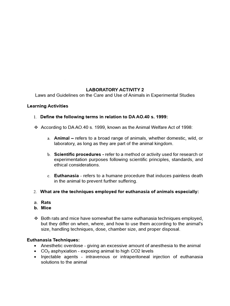 LABORATORY ACTIVITY 2 - Learning Activities | PDF | Animal Welfare ...