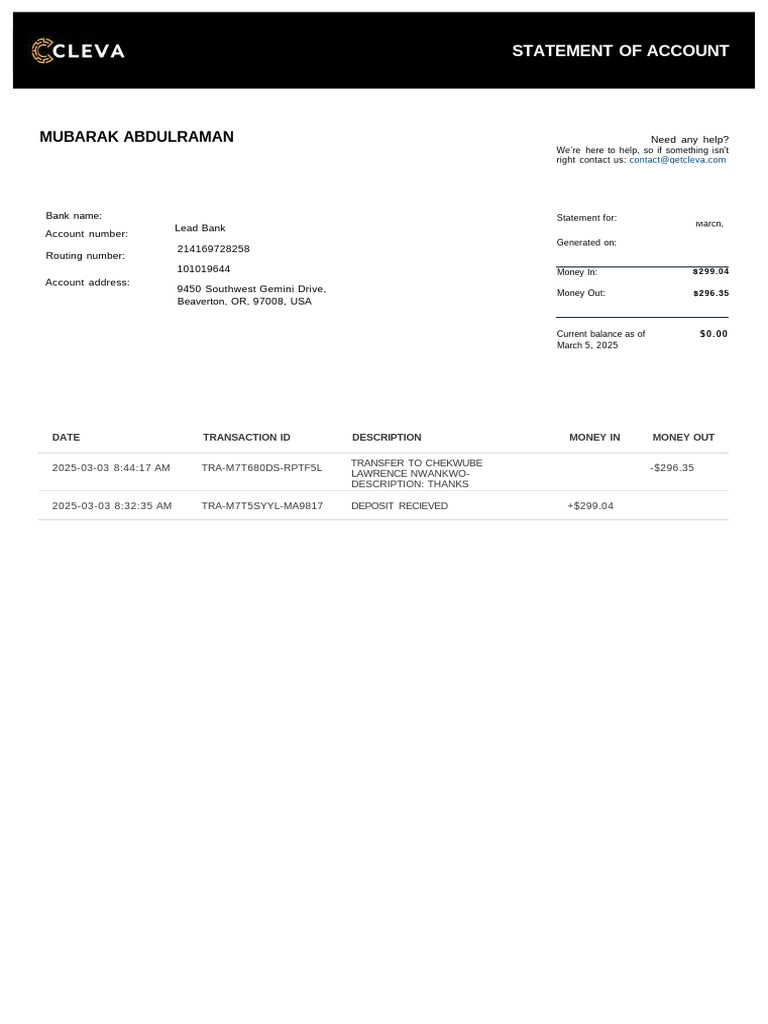 Cleva Statement March 2025(1) | PDF
