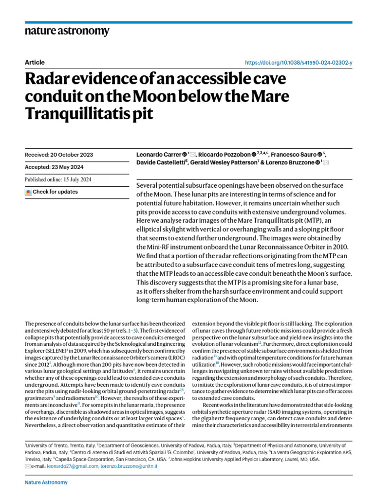 Radar Evidence of An Accessible Cave Conduit On The Moon Below The Mare ...