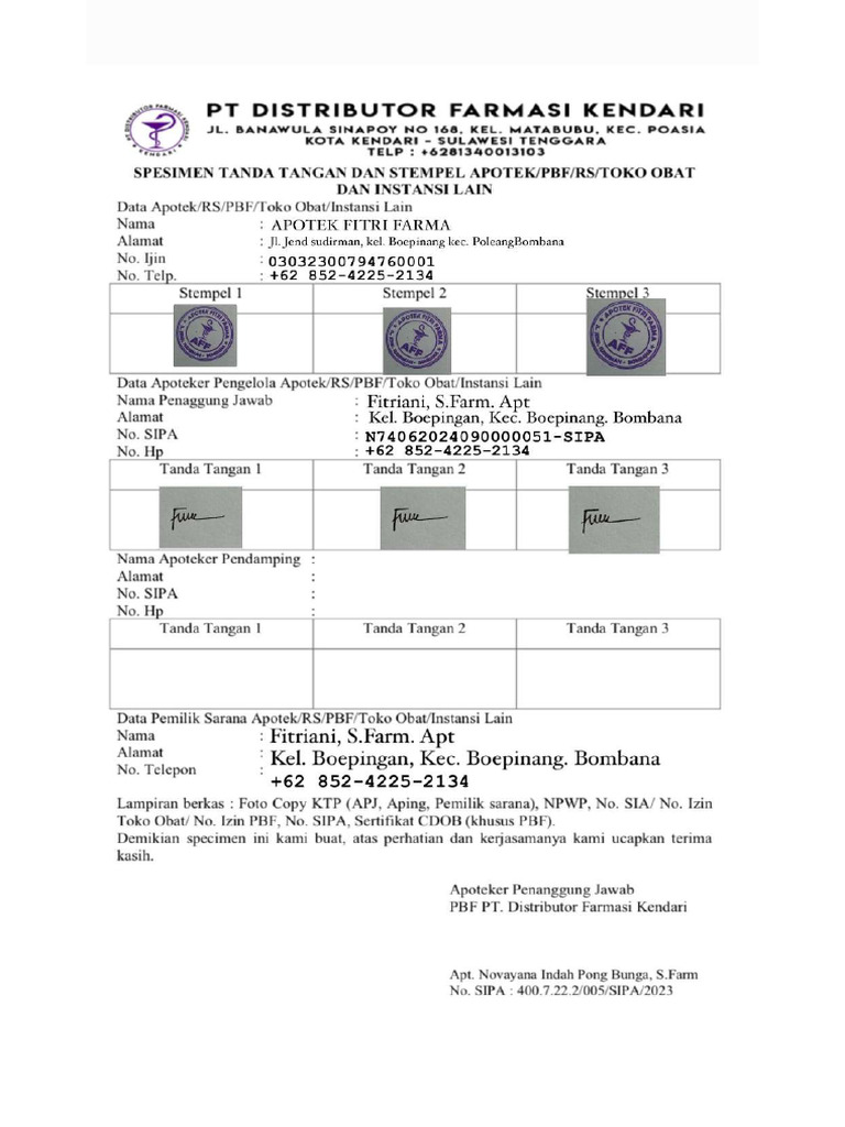 Spesimen Apotek Fitri Bombana | PDF