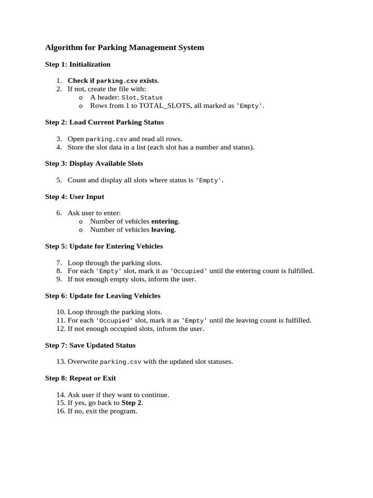 Algorithm For Parking Management System | PDF