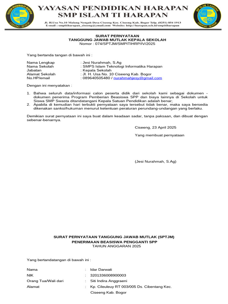 Contoh SPTJM Untuk Kepala Sekolah, Orang Tua Wali Anak Penerima Beasiswa Pengganti SPP Dan Surat ...