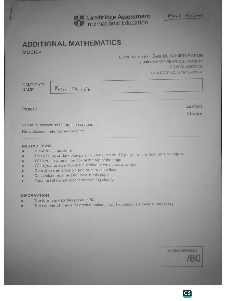 Add Maths P1 Mock4 Ms | PDF