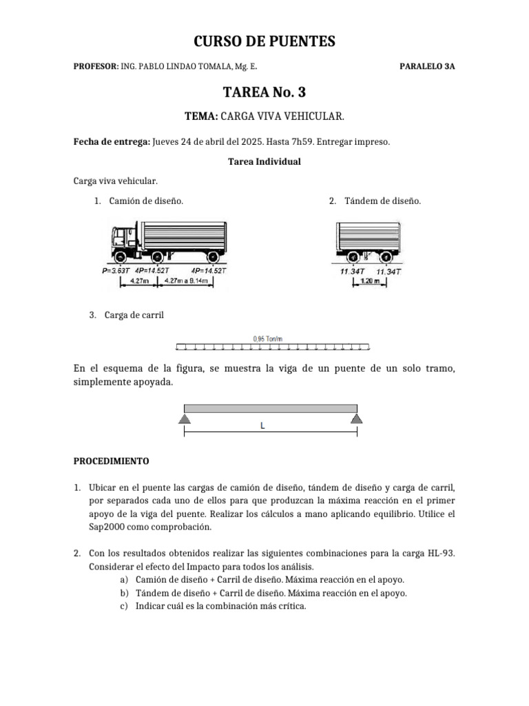 TAREA No.3 CARGA VIVA VEHICULAR | PDF | Viga (Estructura) | Ingeniería estructural