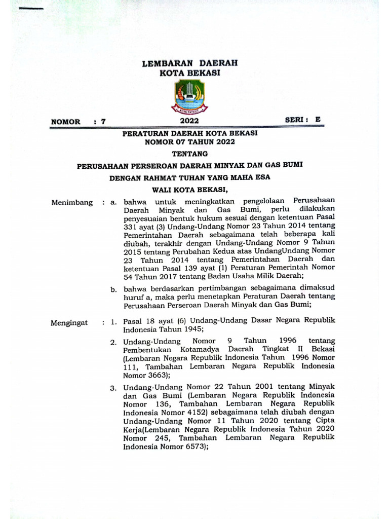 PERDA No. 07 Tahun 2022 Tentang Perusahaan Perseroan Daerah Minyak Dan ...