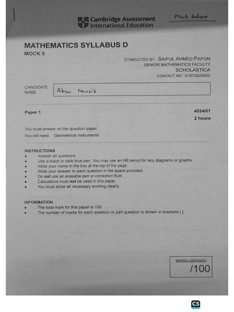 Maths-D-p1-Mock5-ms | PDF