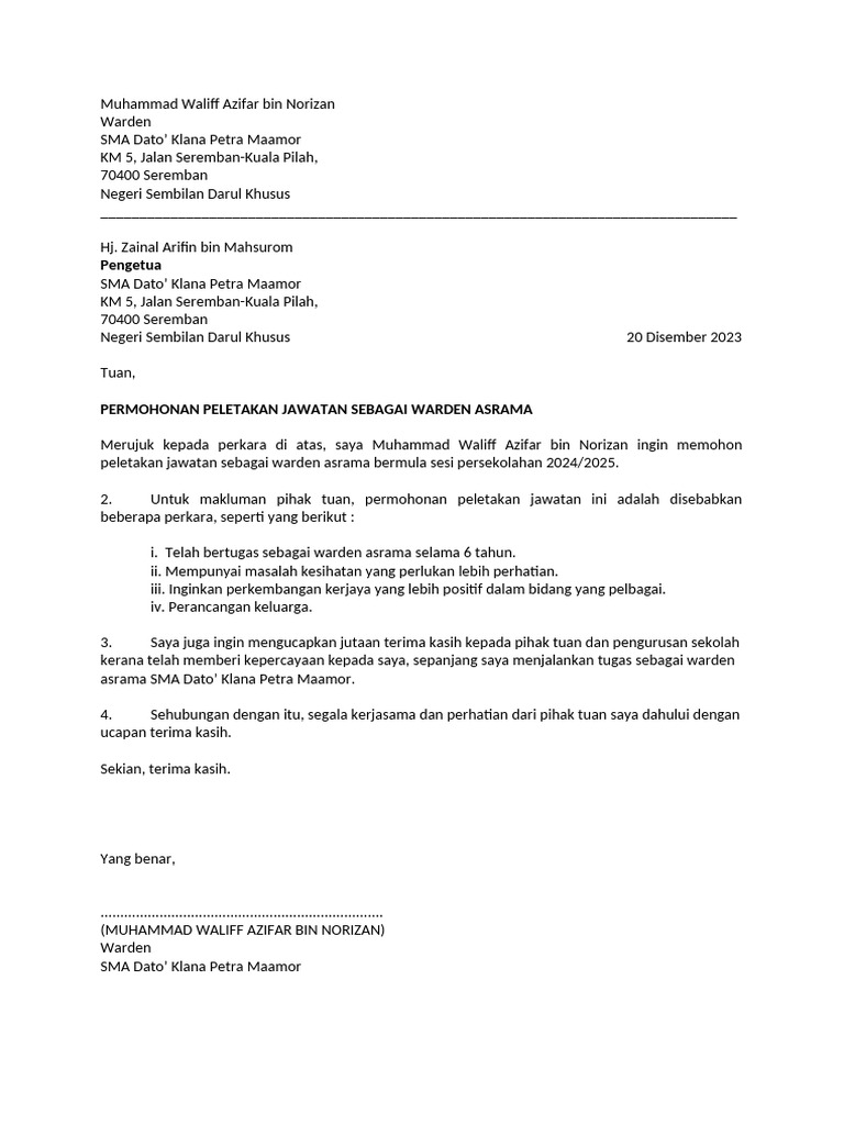 Surat Peletakan Jawatan Warden | PDF