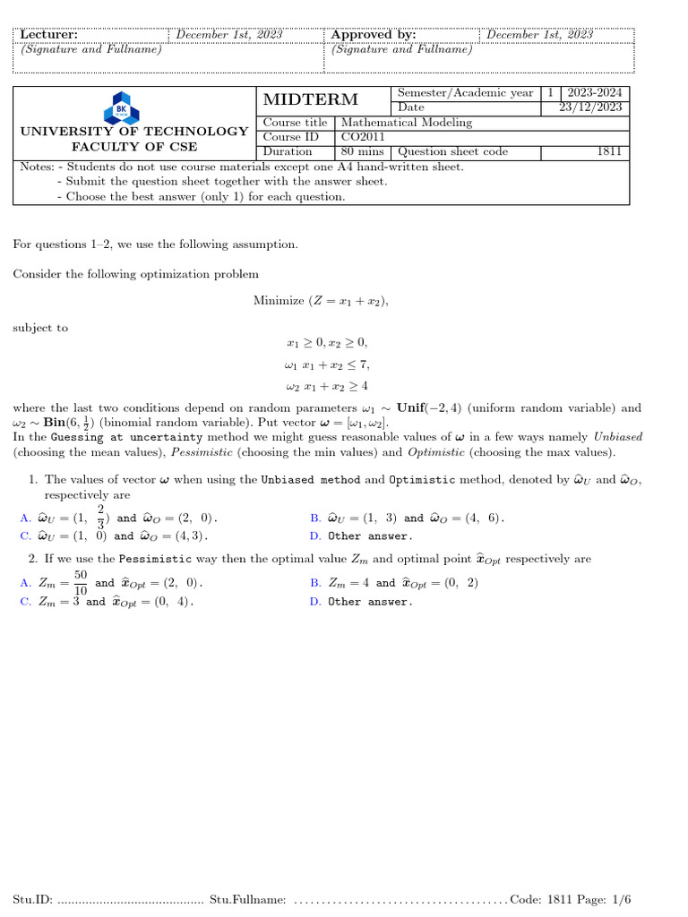 Midterm and Final MM CO2011 HK231 en With Keys | PDF | Mathematical Optimization | Applied ...