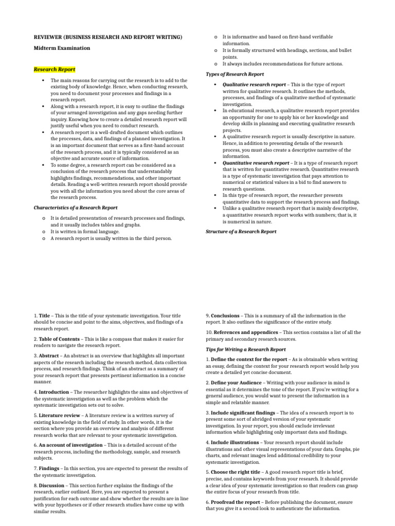 REVIEWER Business Research Report Writing | PDF | Qualitative Research ...