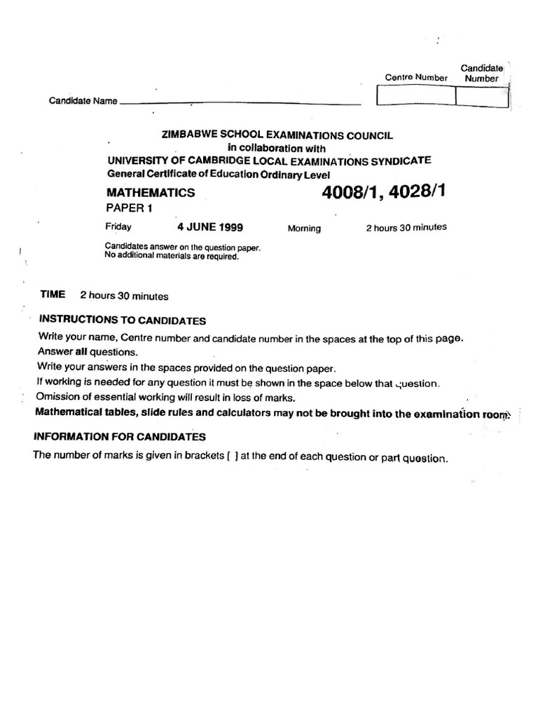 O-Levels Mathematics 1999 | PDF