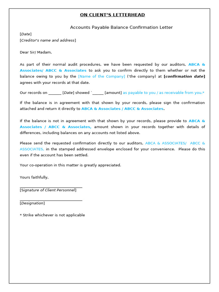 Accounts Payable Balance Confirmation Letter | PDF | Audit | Business