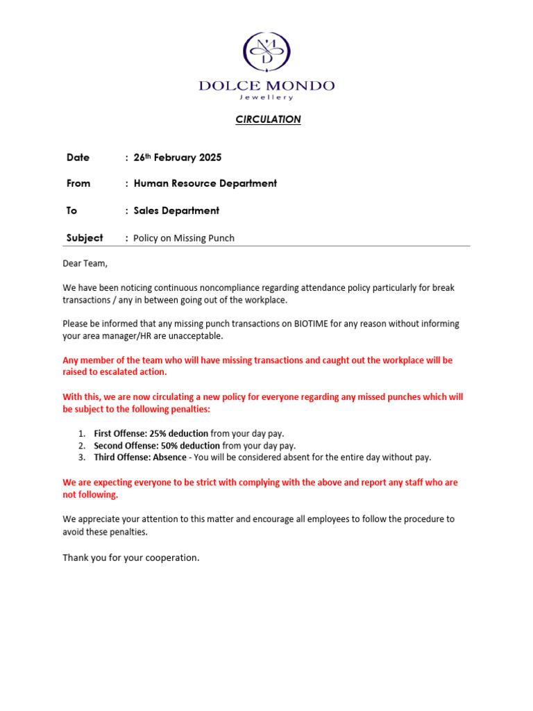Circulation - Policy On Missing Punch | PDF