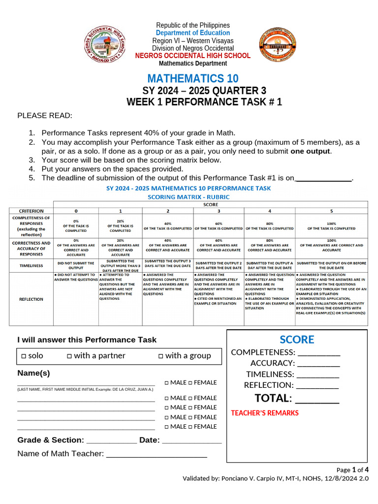 2024 25 Math 10 Q3 PT 1 Carpio 2.0 No Answer Key | PDF